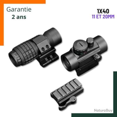 Combiné optique point rouge 1x40 et rallonge x3, rail 11 mm et 20 mm ...