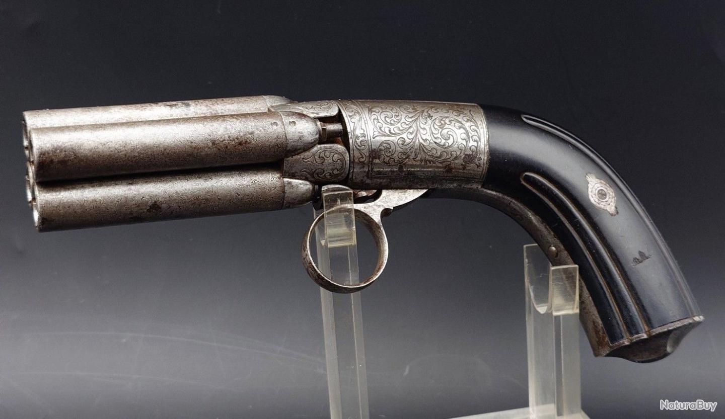 REVOLVER POIVRIERE MARIETTE BREVETÉ 1850 4 CANONS A PERCUSSION CALIBRE ...