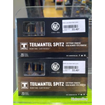 Lot de deux boîtes de balles rws t mantel calibre 222 rem 3.2g 50gr ...