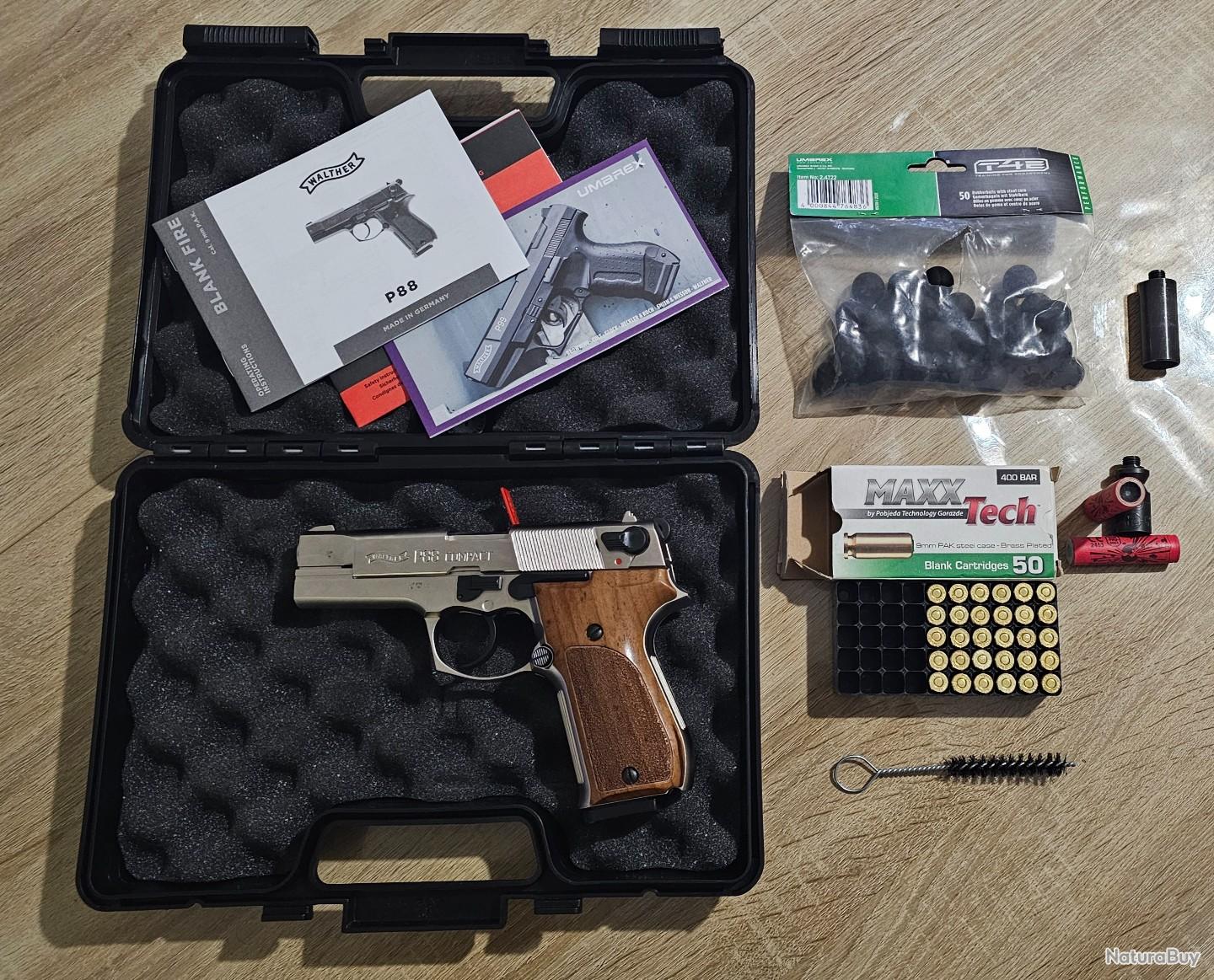 Pistolet Umarex Alarme 9mm PAK WALTHER P88 SILVER WOOD BOIS 10 COUPS ...
