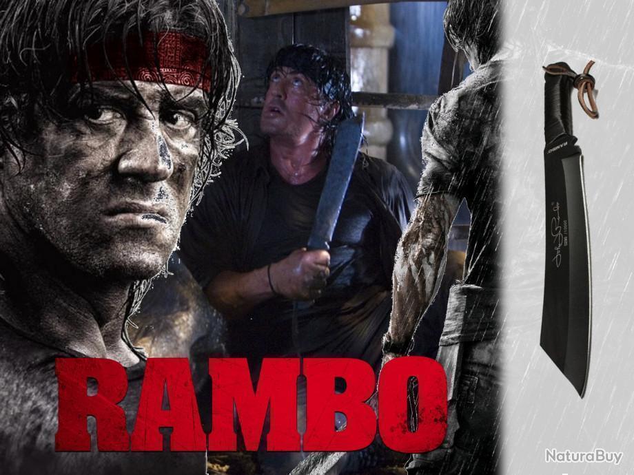 Couteau Rambo IV Machette Lame Acier Carbone Manche Cuir Noir Etui Cuir Couteau du Film Rambo IV ...