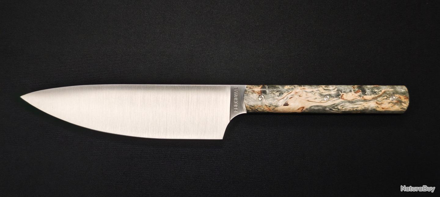 Perceval - Couteau demi chef "éminceur" 15cm - manche loupe de bouleau ...