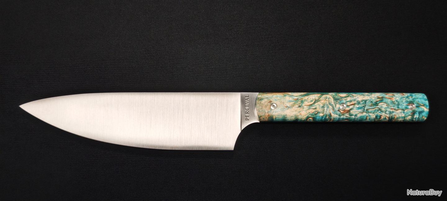 Perceval - Couteau demi chef "éminceur" 15cm - manche loupe de bouleau ...