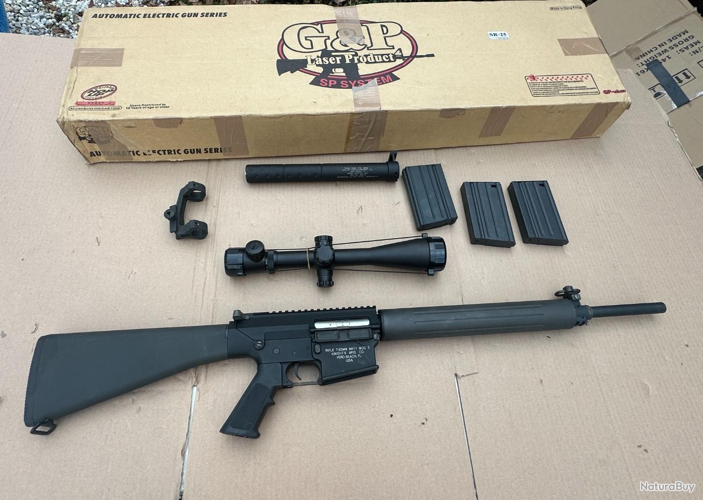 Airsoft SR25 AEG G&P Sniper avec silencieux / Lunette (replique Leupold ...