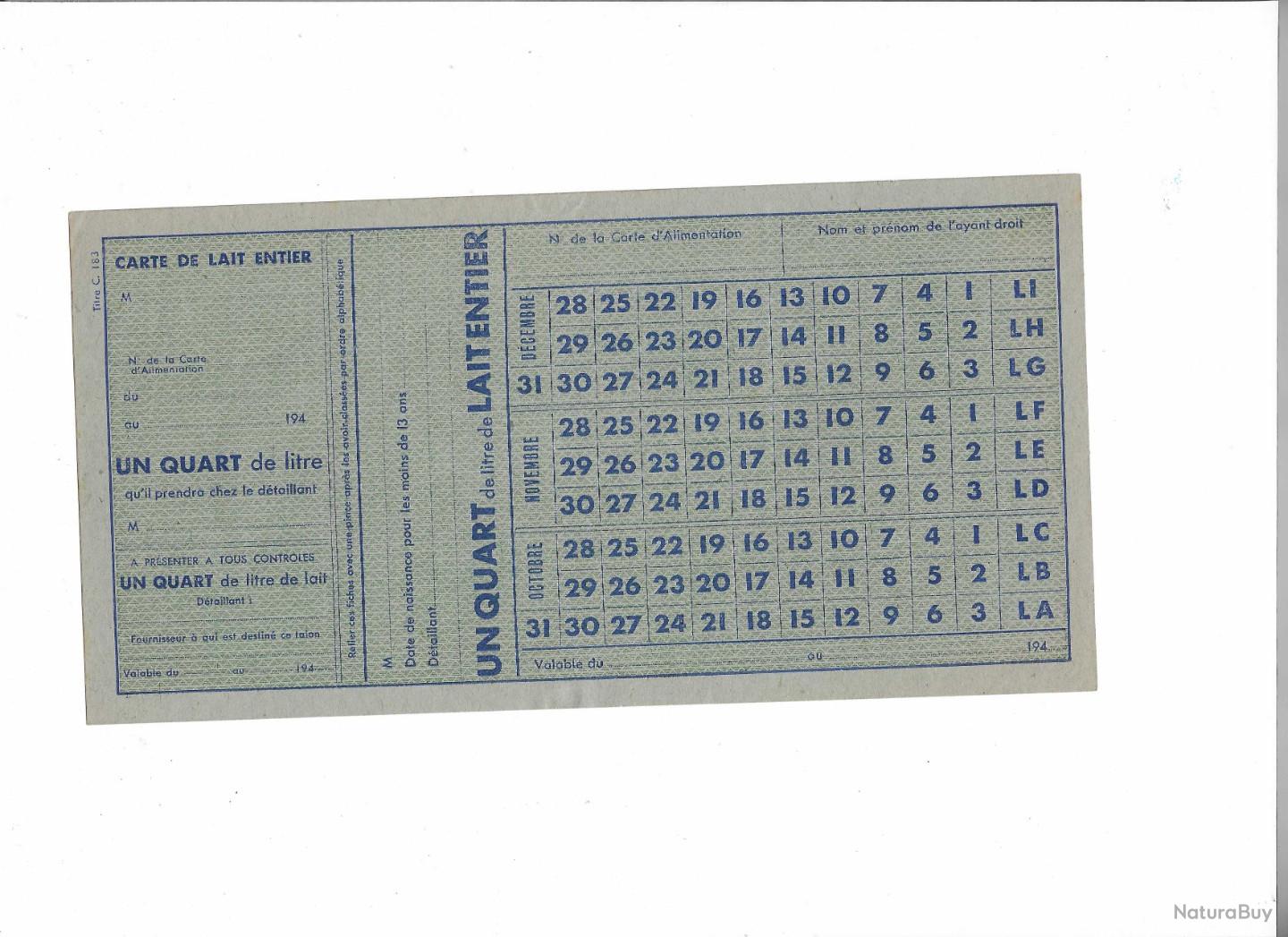 2 doc ticket ration rationnement lait vierge +adm ww2 seconde guerre ...