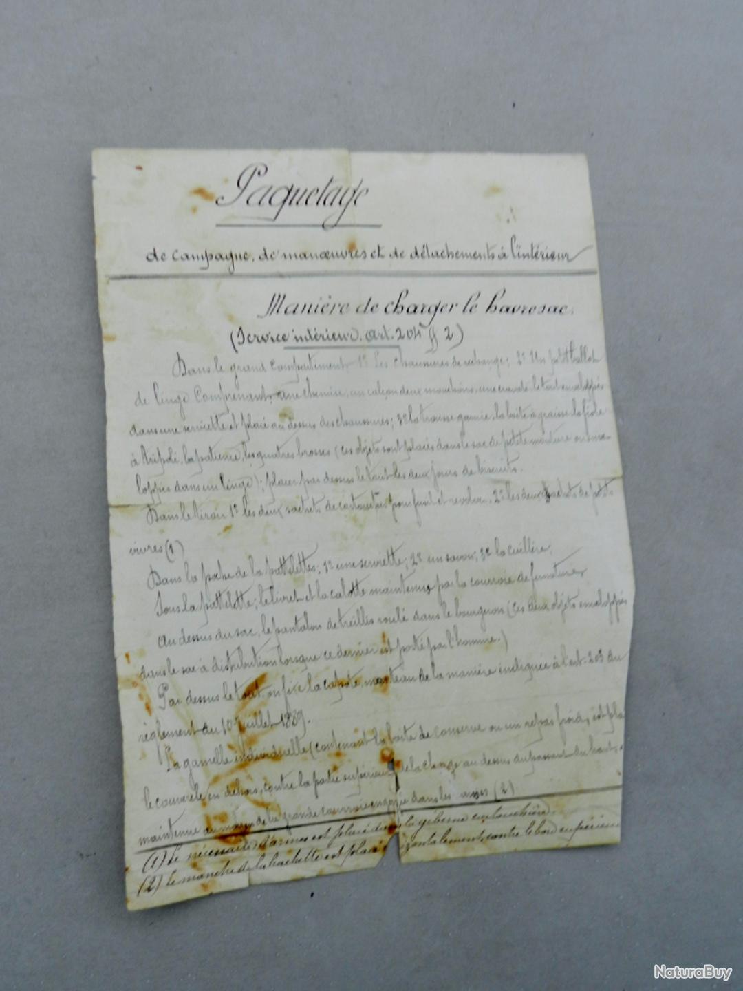 Document manuscrit militaire ? Instruction de paquetage et de ...