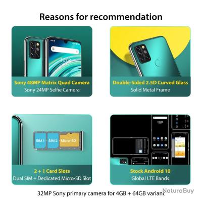 Telephone A9PRO 6.3" FHD 4G 2 Sim 5 Camera Android 10-Vert-4/64GB ...