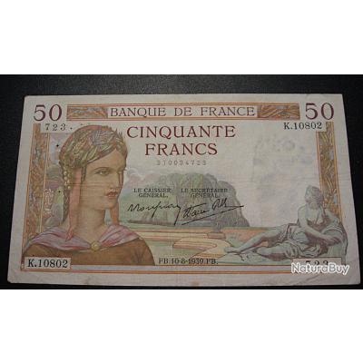 50 francs "Ceres" du 10-08-1939 ttb - Monnaies (15250592)