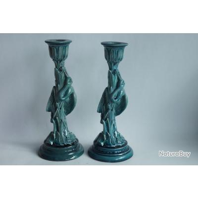 Paire bougeoirs céramique émaillée Hérons - Objets divers (15251776)